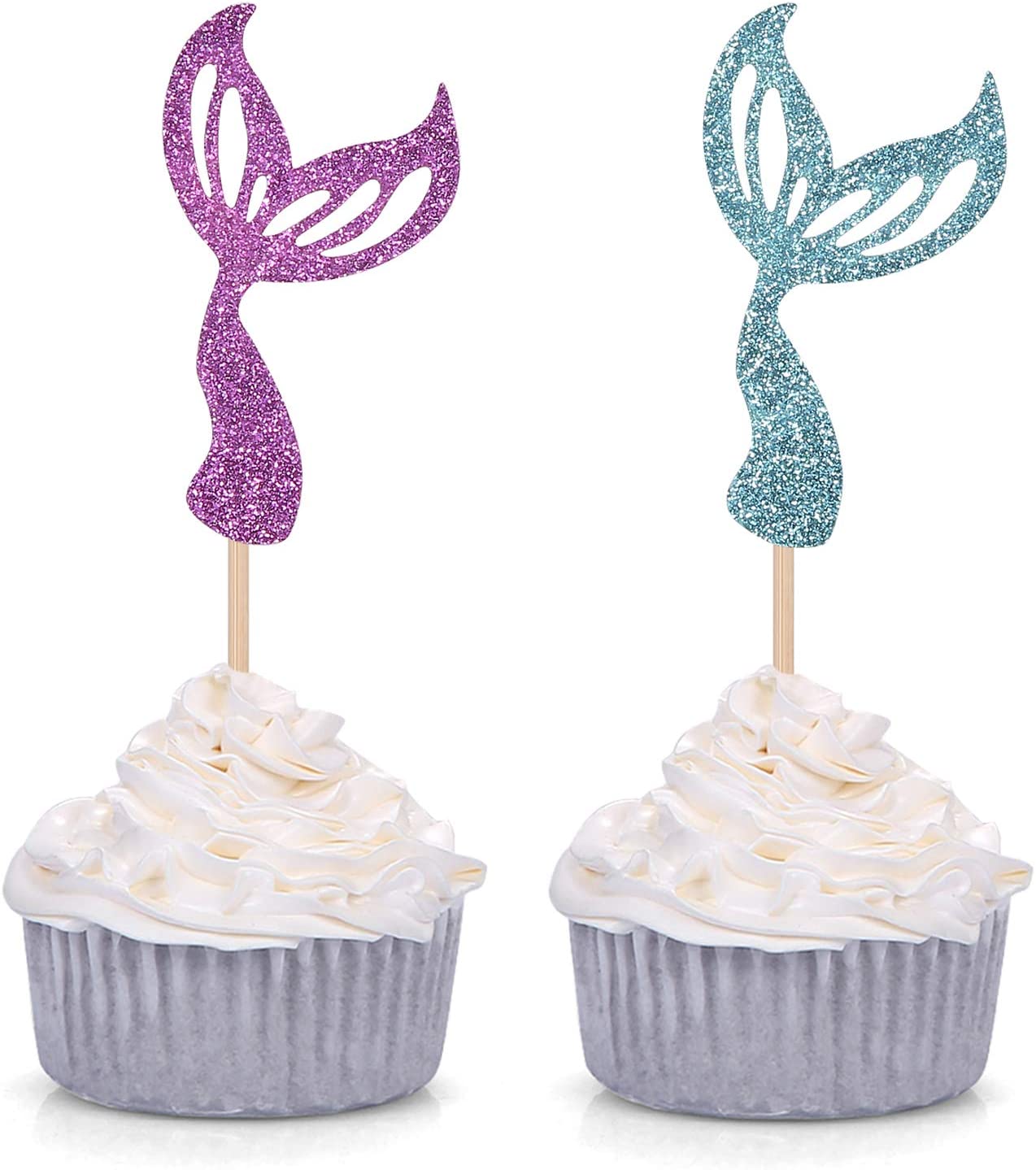 12pcs Glitter Purple/Blue Mermaid Tail Cupcake Toppers Kids Theme Party ...