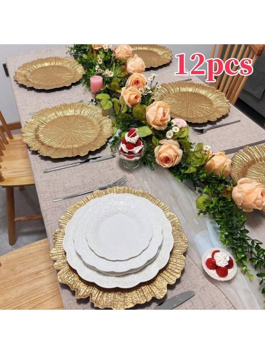 12pcs Gold Color Disposable Plastic Plates Set, Luxury Style Dessert ...