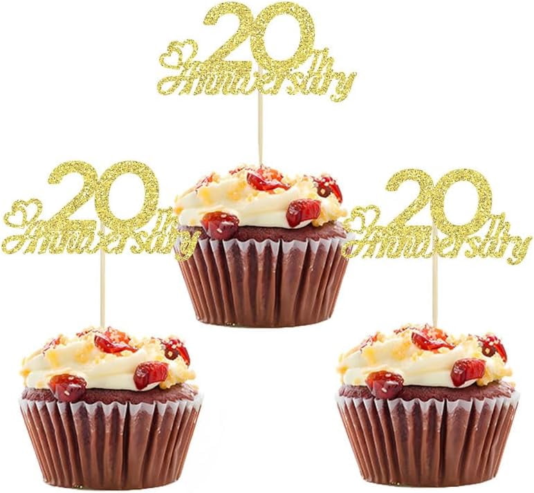 12pcs Gold Glitter 20th Anniversary CupCake Toppers - 20 Years Wedding ...