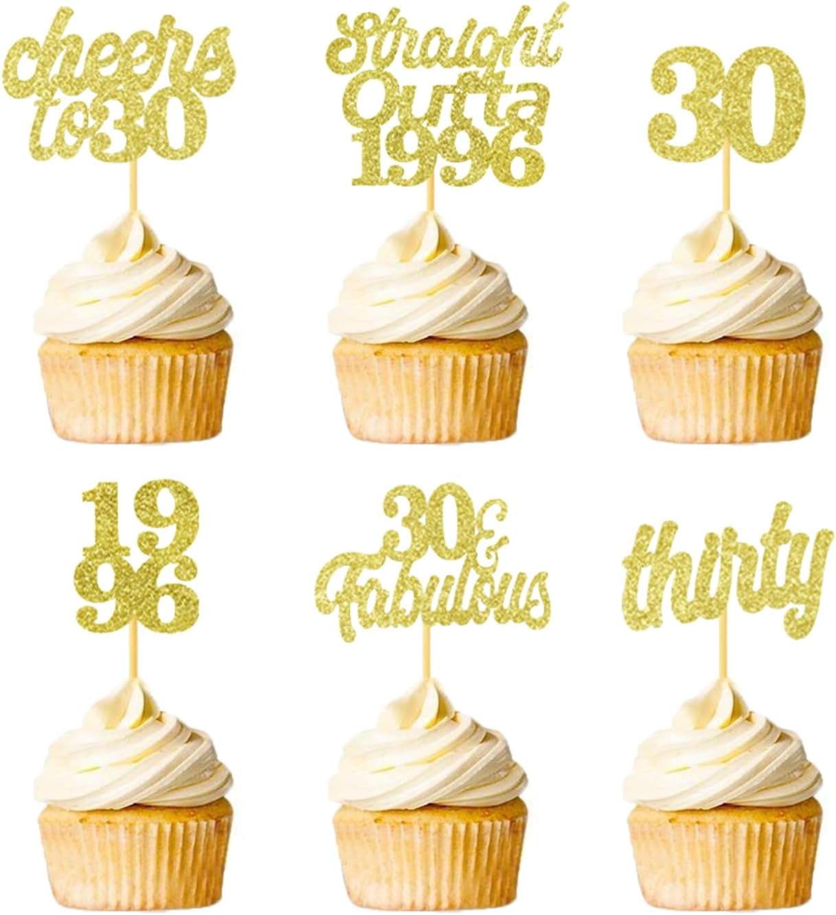 12pcs Gold Glitter 30th Birthday Cupcake Toppers, "Cheers to 30 Years ...