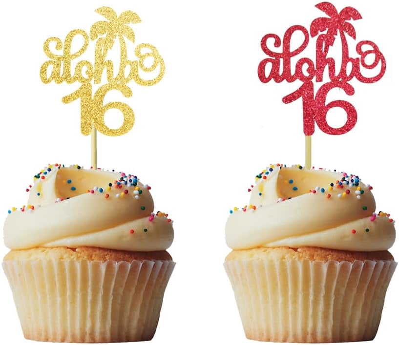 12pcs Gold Glitter Aloha 16th Cupcake Toppers Sixteen Years Wedding ...
