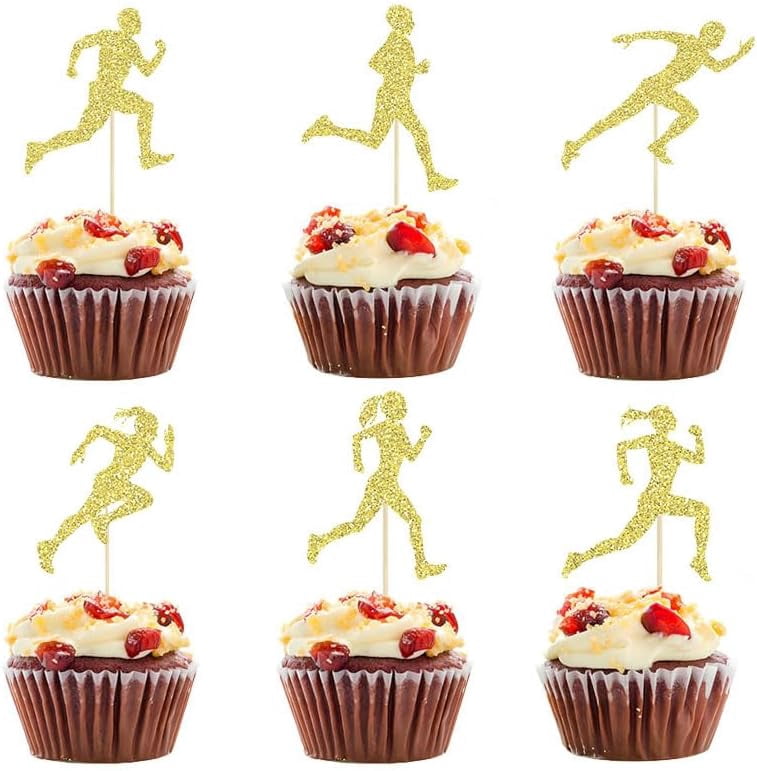 12pcs Gold Glitter Running Cupcake Toppers for Bodybuilder Sports ...
