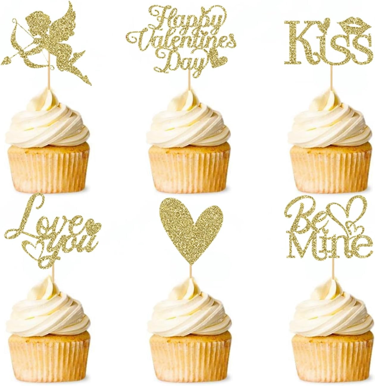 12pcs Gold Glitter Valentines Day Cupcake Toppers, Cupid & Love Themed ...