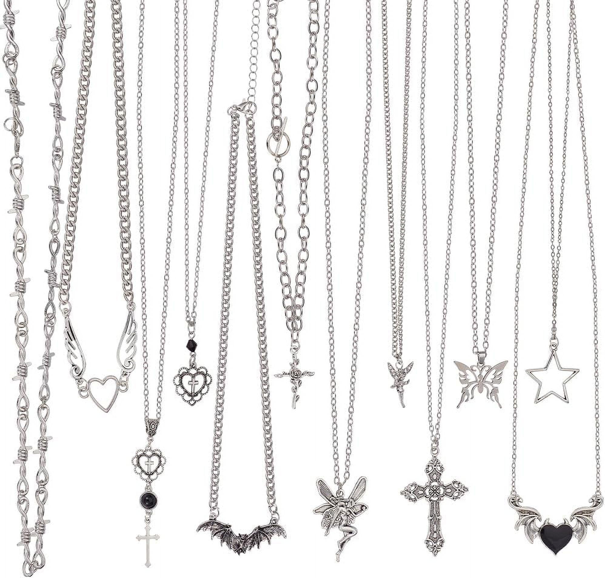 12pcs Grunge Necklaces Goth Cross Fairy Thorns Gothic Angel Heart ...