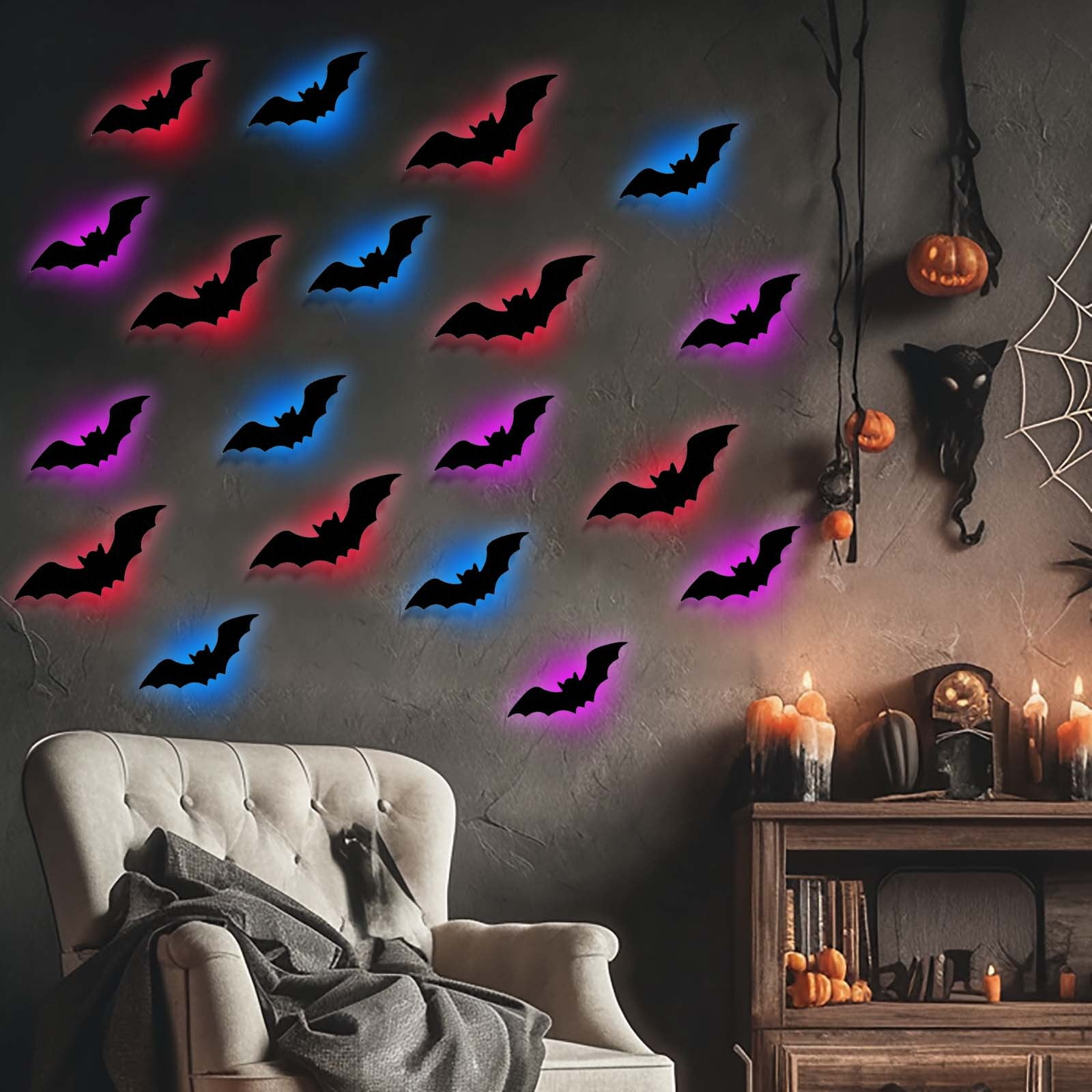 12pcs Halloween 3D Lighted Bats Wall Decor 3D Light Up Halloween Bats ...