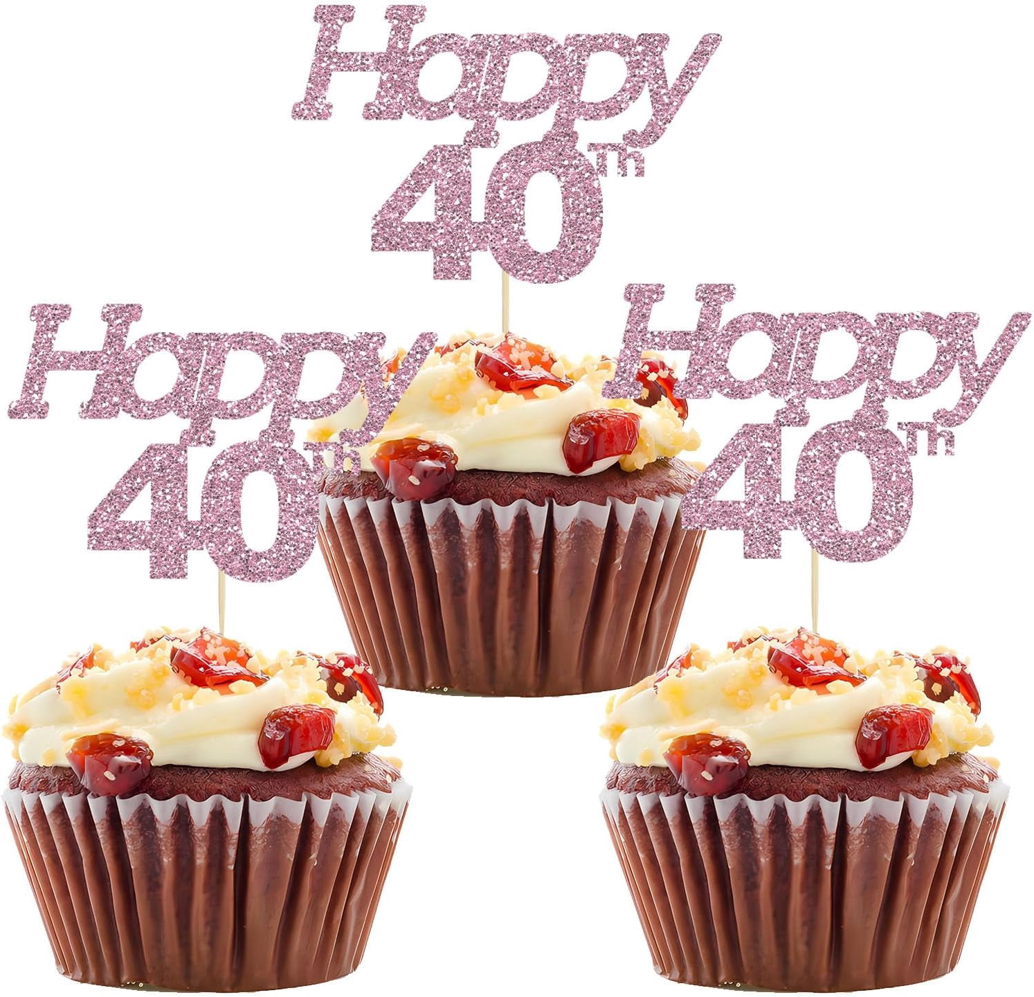 12pcs Happy 40th Cupcake Toppers Pink Glitter 40 Fabulous Cheers to 40 ...