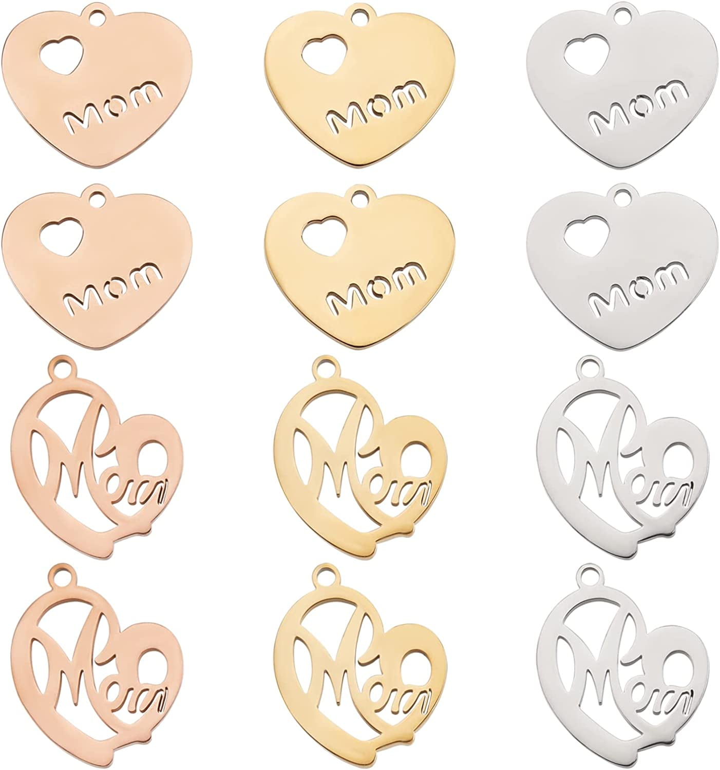 12pcs Heart Charms with Mom2 Styles Stainless Steel Long-Lasting Metal ...