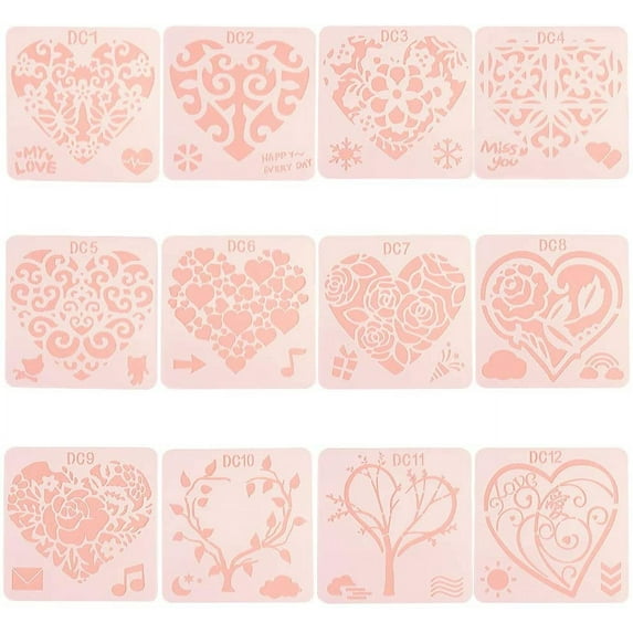 12pcs Heart Painting Stencils Plastic Reusable Drawing Rectangle Rose ...