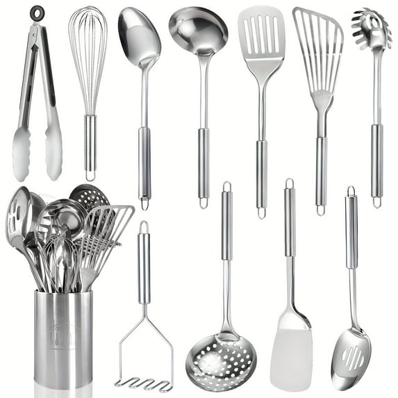 12pcs Heavy-Duty Stainless Steel Kitchen Utensil Set with Holder ...