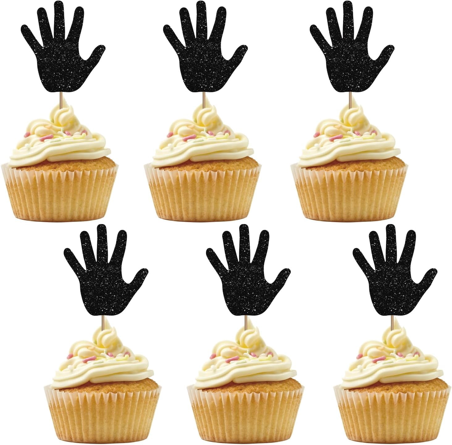 12pcs High Five Cupcake Toppers, Black Glitter Hand Cupcake Toppers for ...