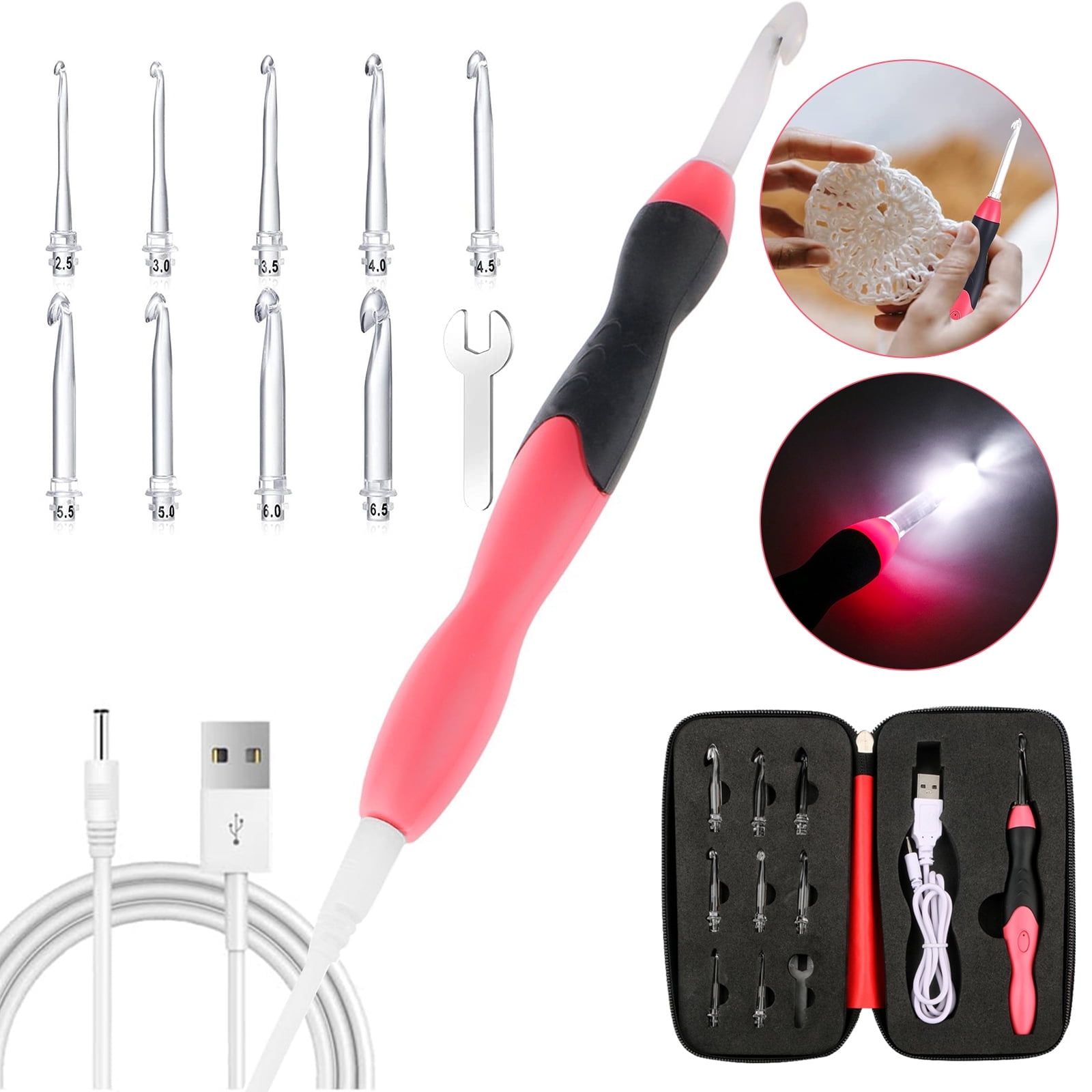 12pcs LED Crochet Hooks Set, DISEN 2.5-6.5mm Ergonomic Knitting Hooks ...
