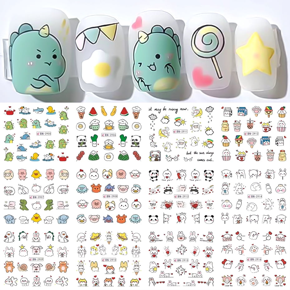 12pcs Little Bear Nail Stickers Set Cute Teddy Bear Anime Water ...