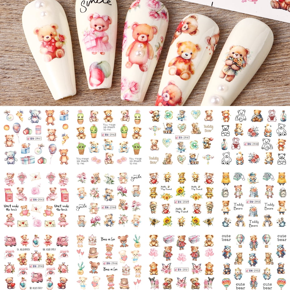 12pcs Little Bear Nail Stickers Set Cute Teddy Bear Anime Water ...