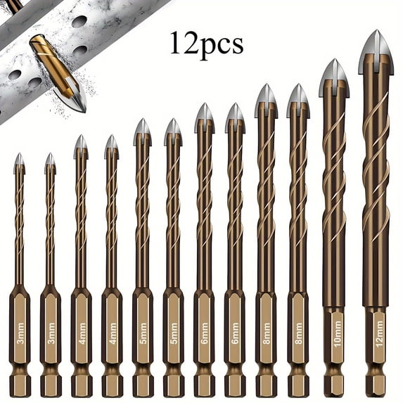 12pcs Masonry Drill Bits Set, Alloy Cross-Head Tile Drill Bits for ...