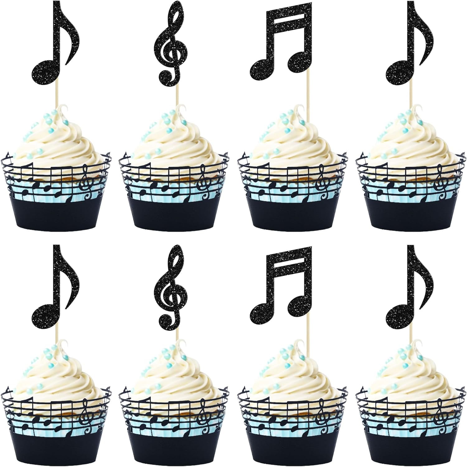 12pcs Music Notes Cupcake Toppers and Wrappers Glitter Musical Symbols ...
