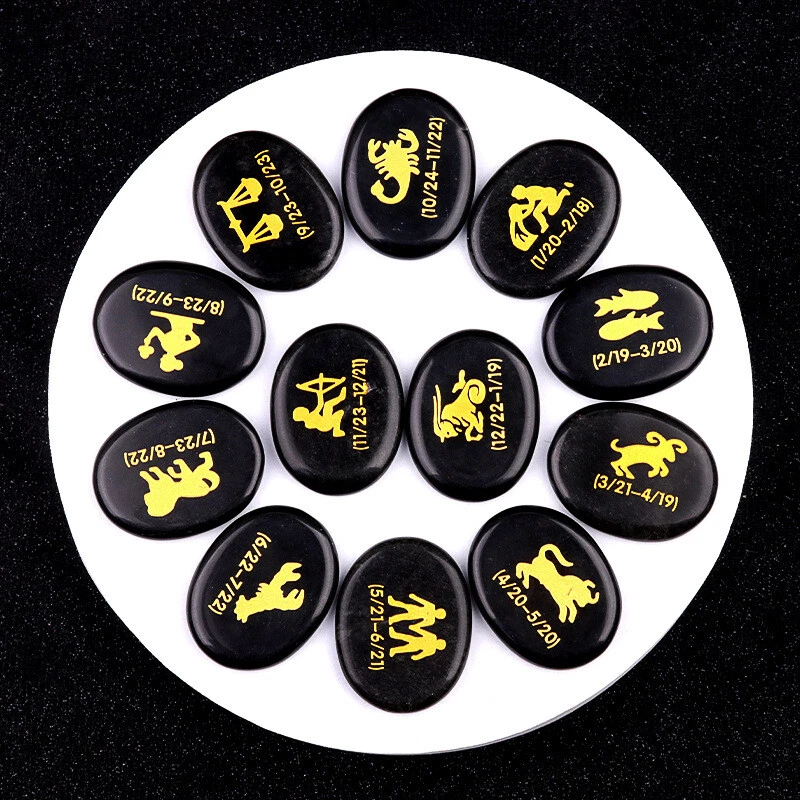 12pcs Natural Obsidian Stone Rune Set The Zodiac Carving Reiki Healing ...