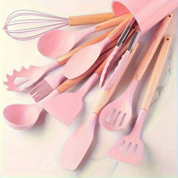 12pcs Non-Stick Silicone Kitchen Utensil Set With Wooden Handles | Safe ...