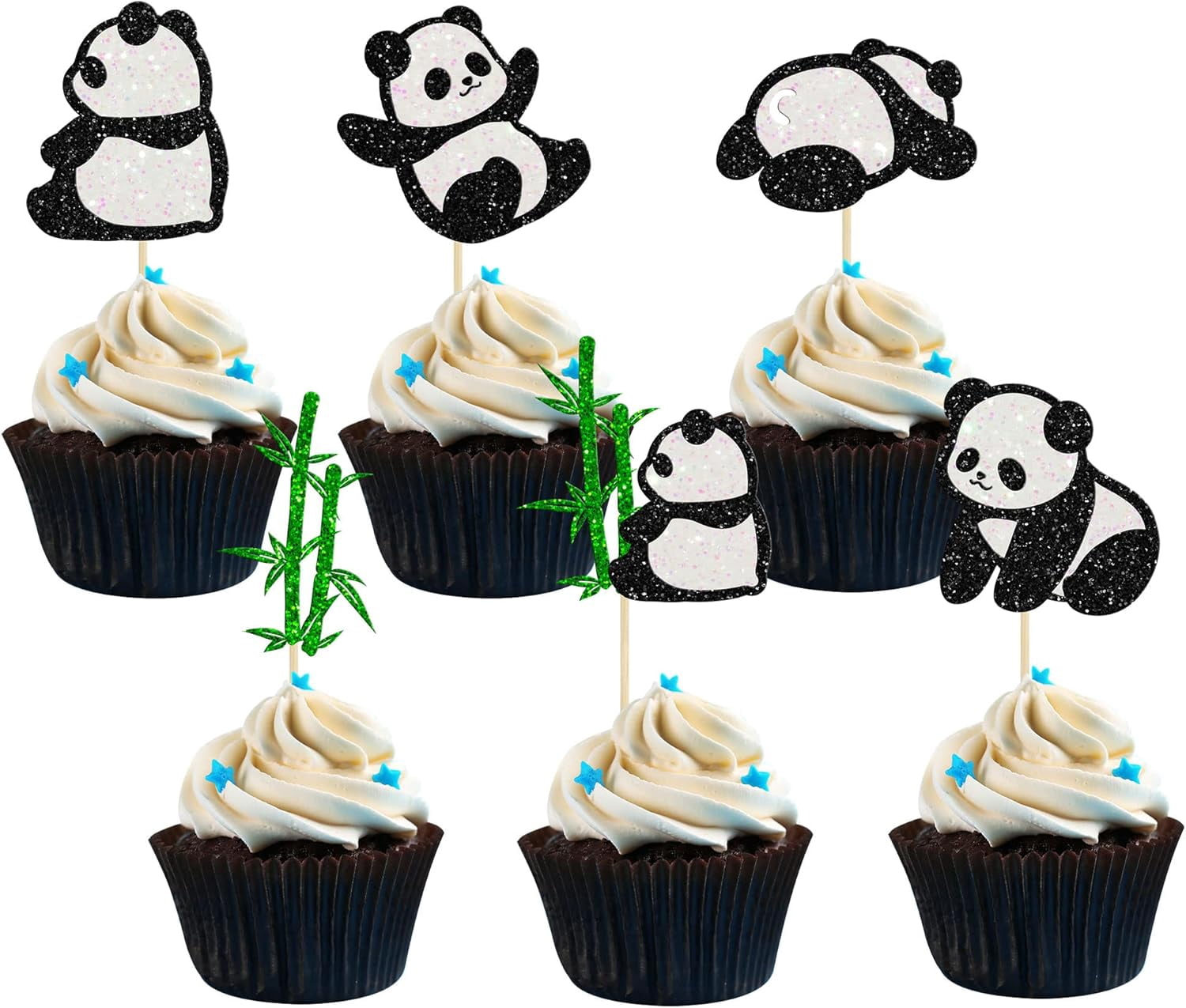 12pcs Panda Cupcake Toppers, Black White Glitter Panda & Bamboo Cupcake ...