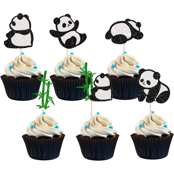 12pcs Panda Cupcake Toppers, Black White Glitter Panda & Bamboo Cupcake ...