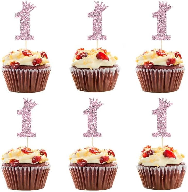 12pcs Pink Glitter Crown One Cupcake Toppers Crown 1st Number 1 cake ...