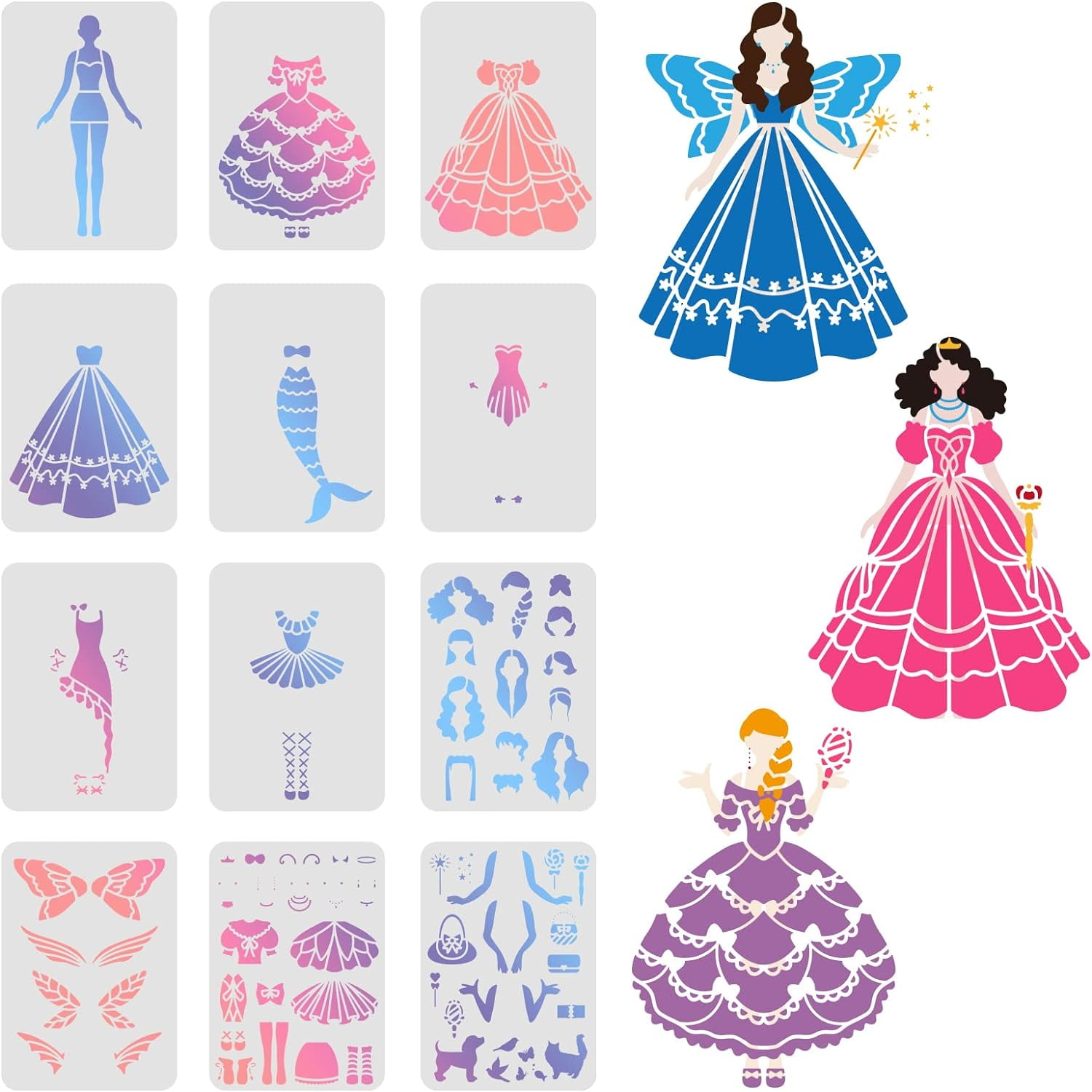 12pcs Princess Stencils - 11.6x8.3inch Elf & Mermaid Outfit Change ...