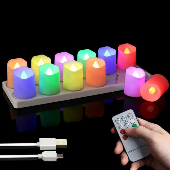 12pcs RecharYANTONable Flameless Tea YANTONs RGB with Charging Base and ...