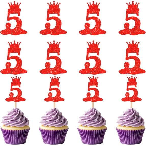 12pcs Red Glitter Crown Number 5 Cupcake Toppers, 5th Birthday Cake ...