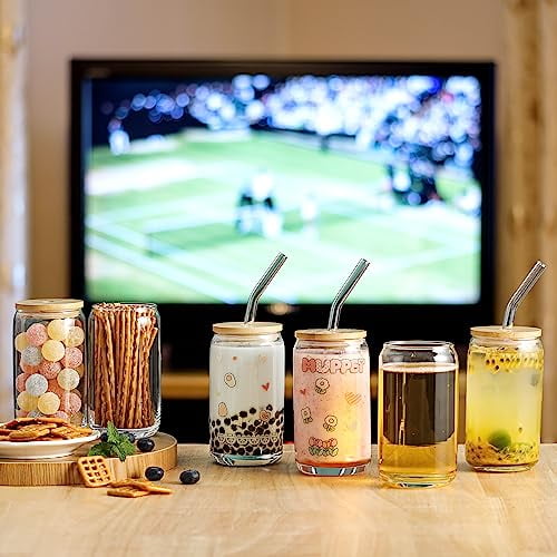 [ 12pcs Set ] Glass Cups with Bamboo Lids and Glass Straw - Beer Shaped ...