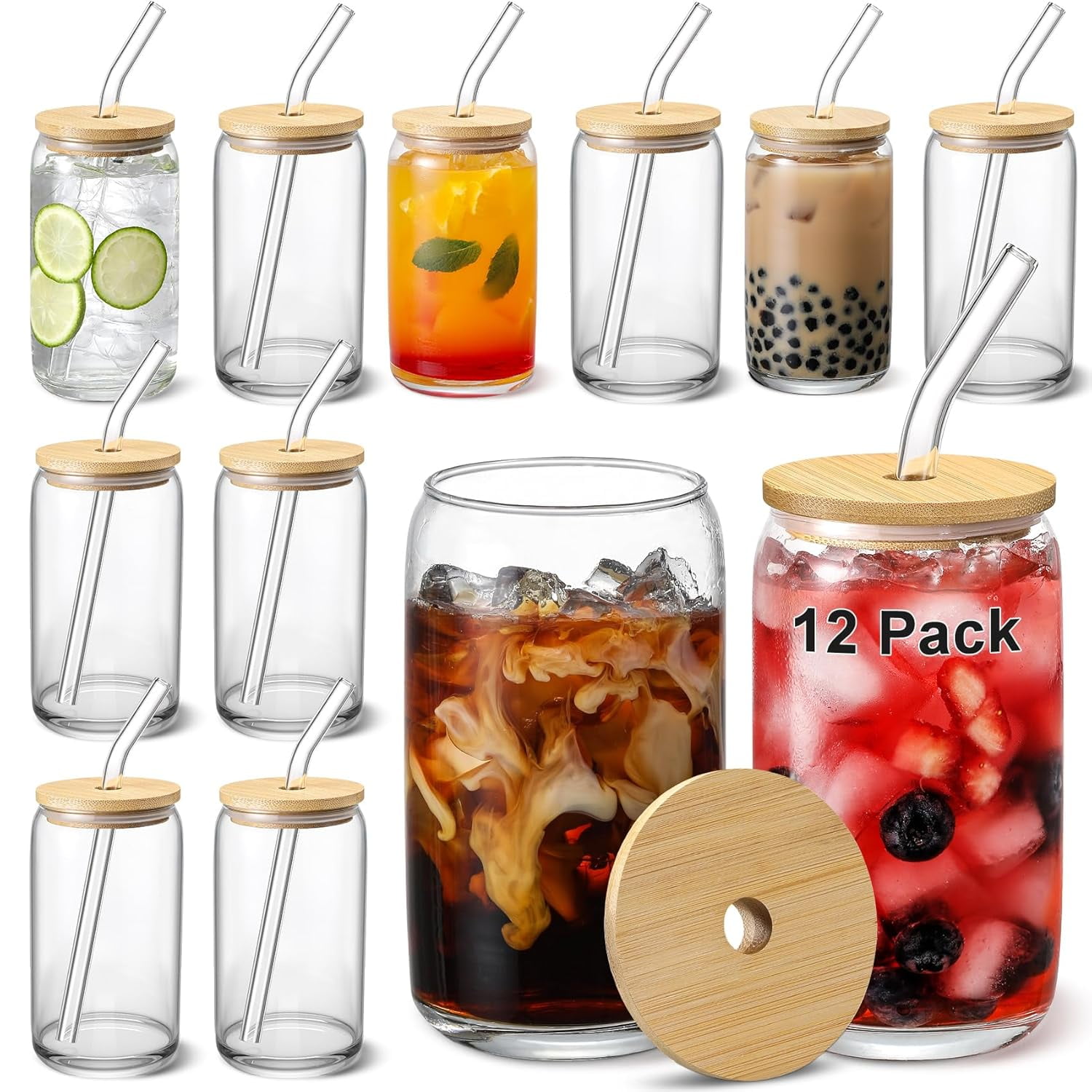 [ 12pcs Set ] Glass Cups with Bamboo Lids and Glass Straw - Beer Shaped ...