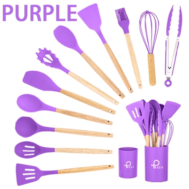 12pcs Silicone Kitchen Utensils Set - Non-Stick Silicone with Wooden ...
