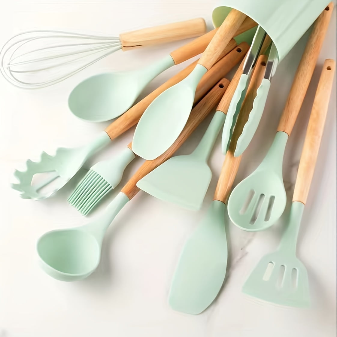 12pcs, Silicone Utensil Set, Khaki Kitchen Utensil Set With Wooden ...