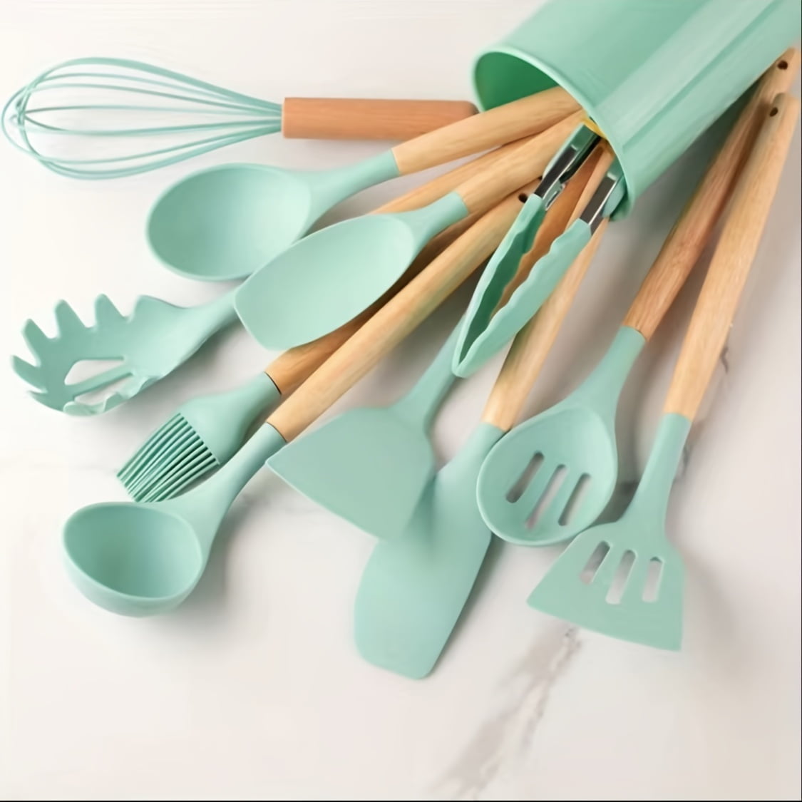 12pcs Silicone Utensil Set - Khaki Kitchen Utensil Set With Wooden Handle - Non-Stick, Safety ...