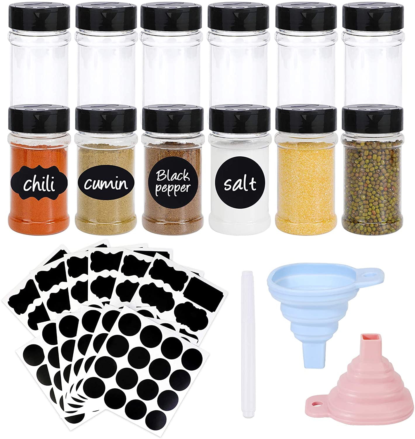 Pwsap 12pcs 6oz Spice Jars Set with Shaker Lids, Funnel and Labels ...