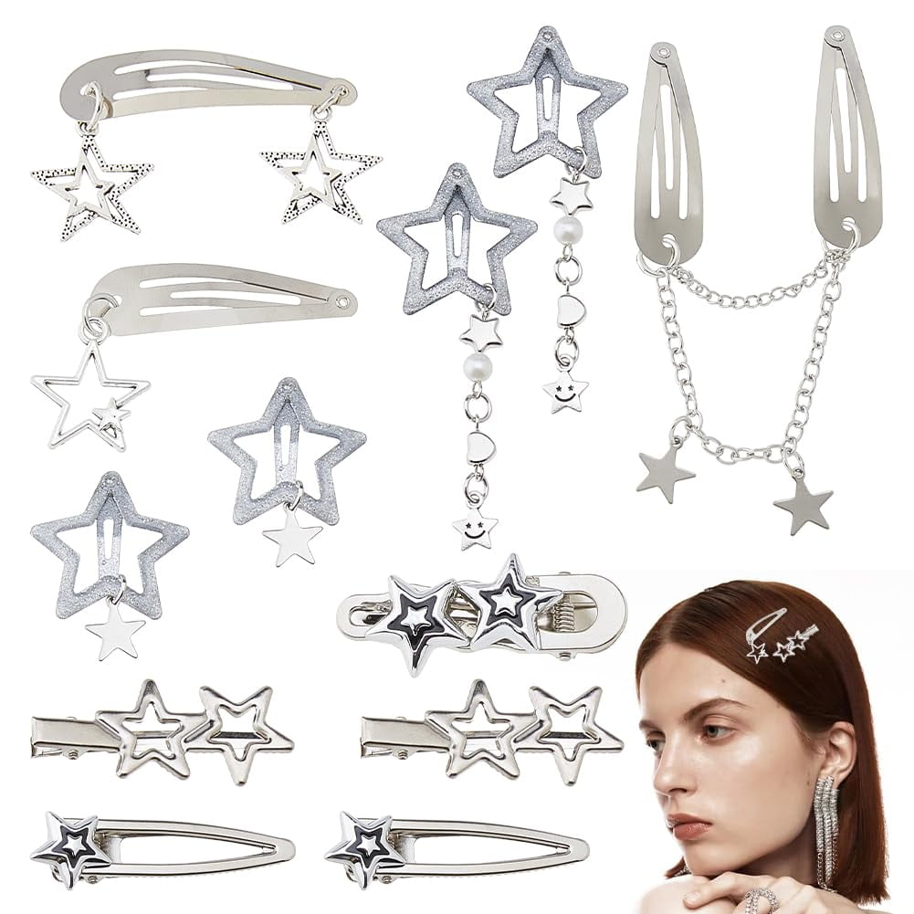 12pcs Star Hair Clips 8 Styles Alloy Hair Stars Barrettes Silver ...