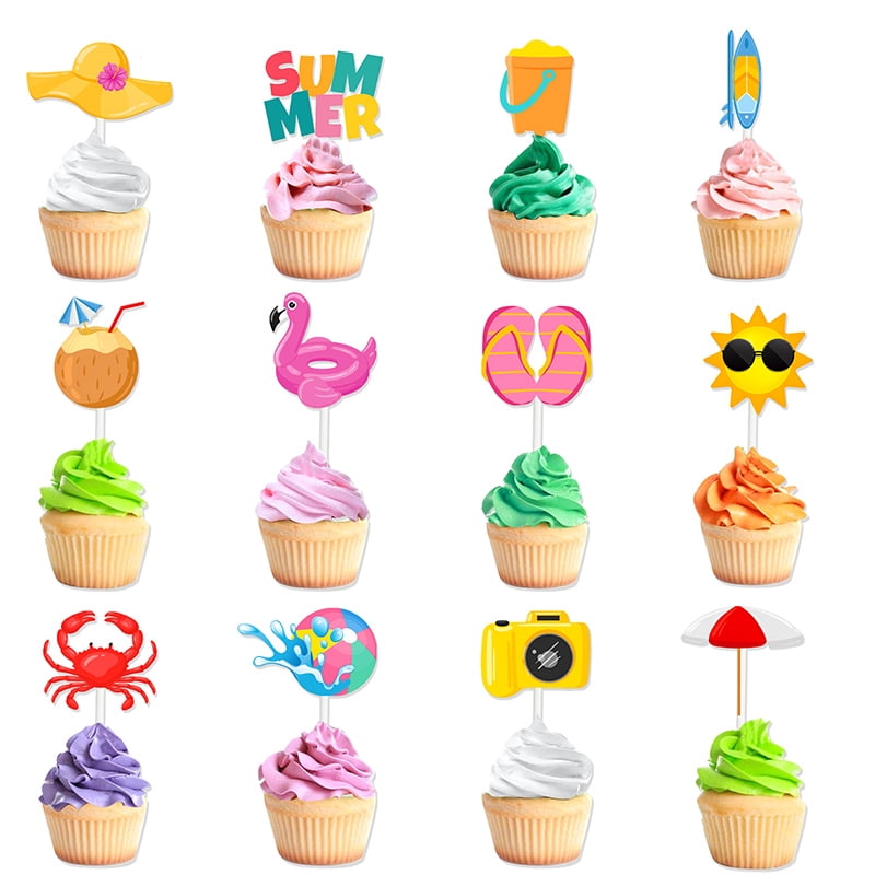 12pcs Summer Beach Hawaii Cupcake Toppers Sun Umbrella ball Cake ...