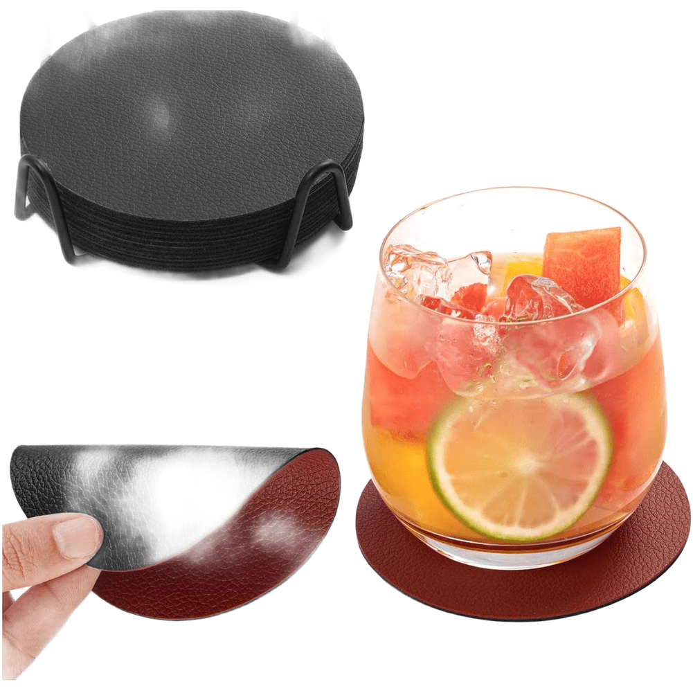 12pcs Thick Round Coaster Set PU Leather Double Layer Waterproof Heat ...