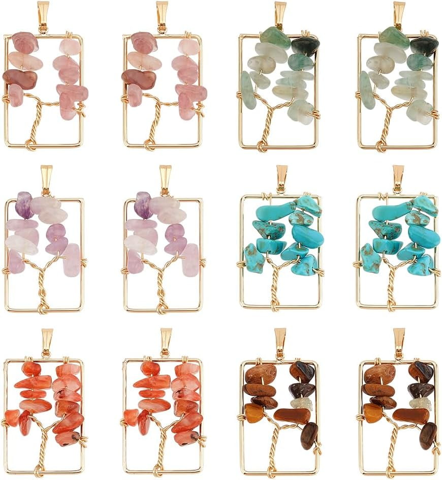 12pcs Tree of Life Gemstone Pendants 6 Styles Natural Chip Stone ...