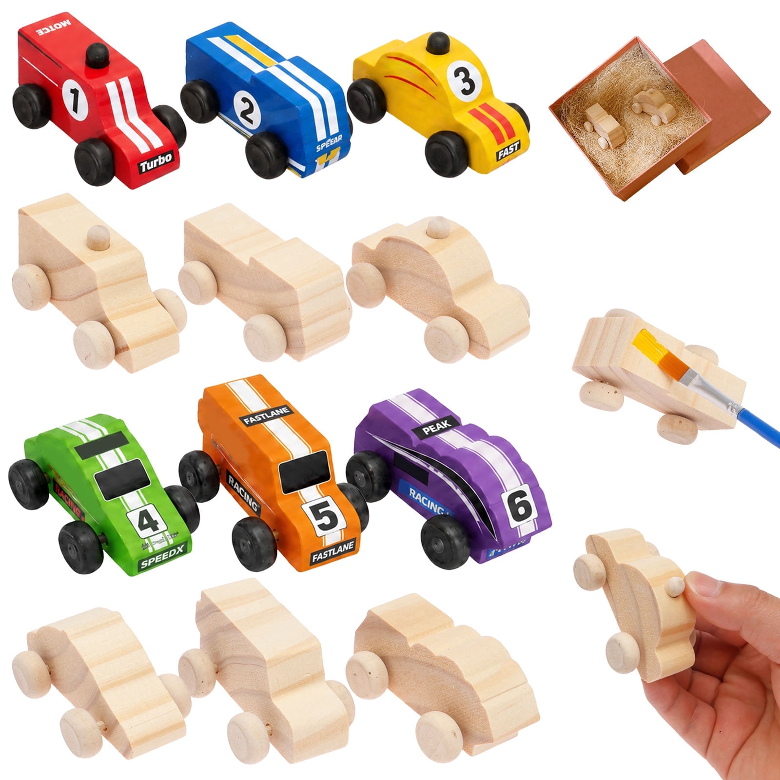 12pcs Unfinished Wooden Cars Wood DIY Cars Painting Vehicles Crafts Kit ...