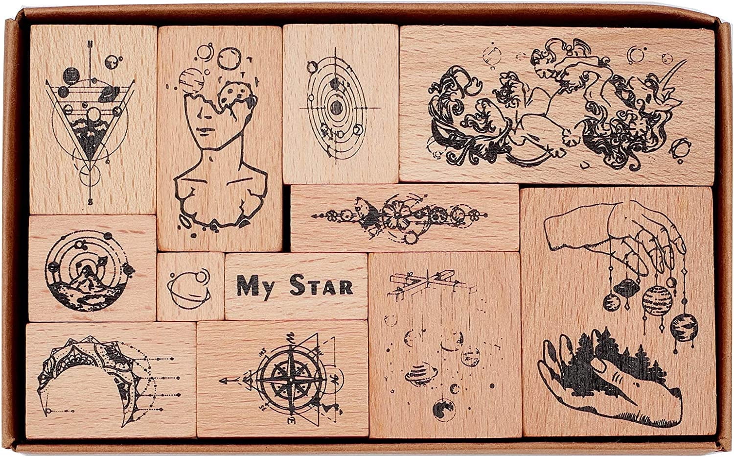 12pcs Vintage Wooden Rubber Stamp Set Streamer Star Trail Series ...