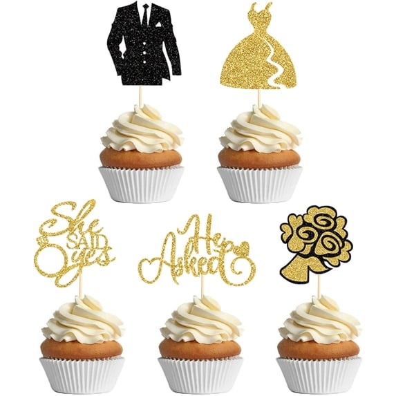 12pcs Wedding/Engagement Cupcake Toppers (Gold & Black Glitter), "She ...
