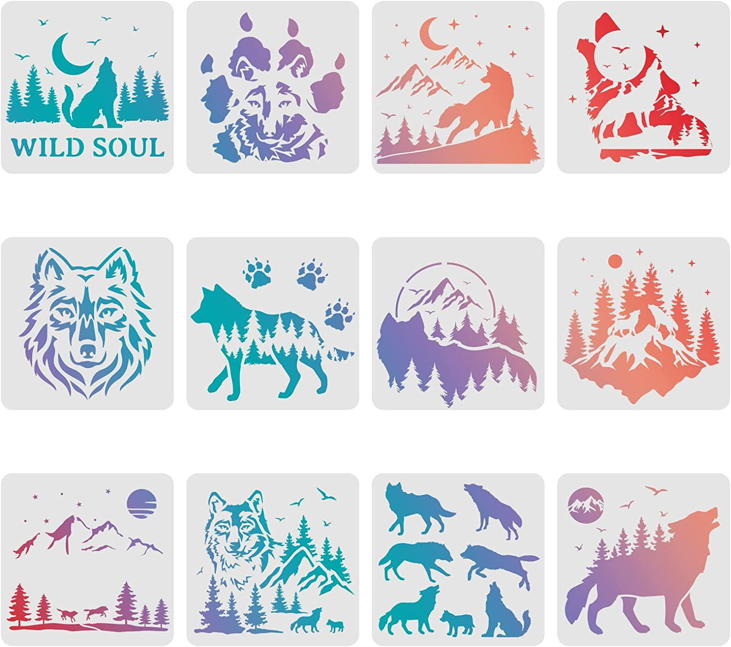 12pcs Wolf Stencils 30x30cm Forest Wolf Painting Decoration Stencils ...