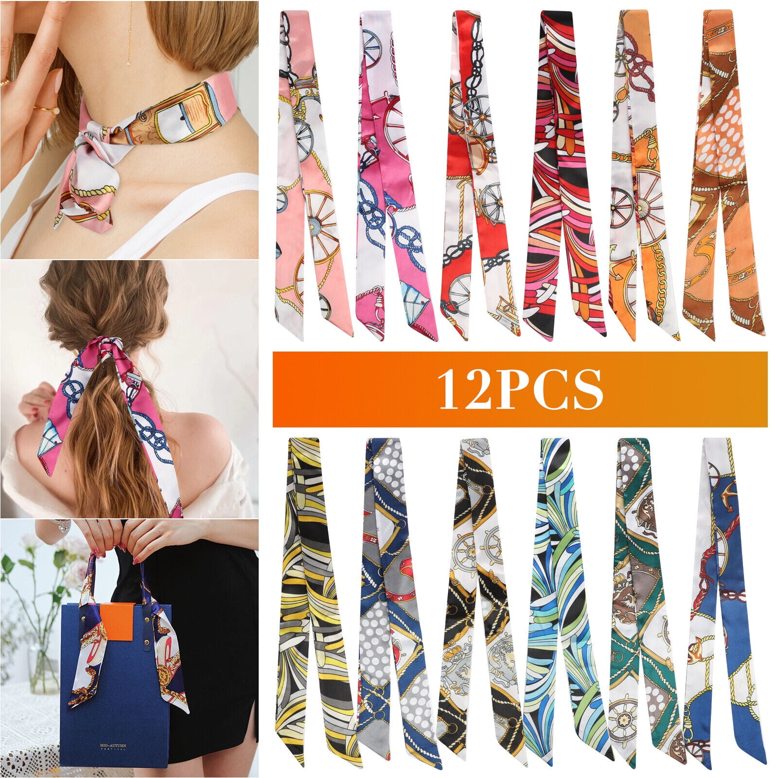 12pcs Women Satin Silk Scarf Scarves Wrap Tied Bag Handle Neck Hair ...