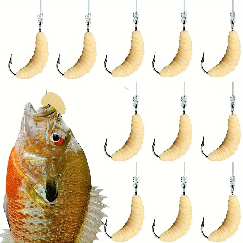 12pcs Yellow Rubber Maggots Fishing Bait Set with Hooks - Versatile ...