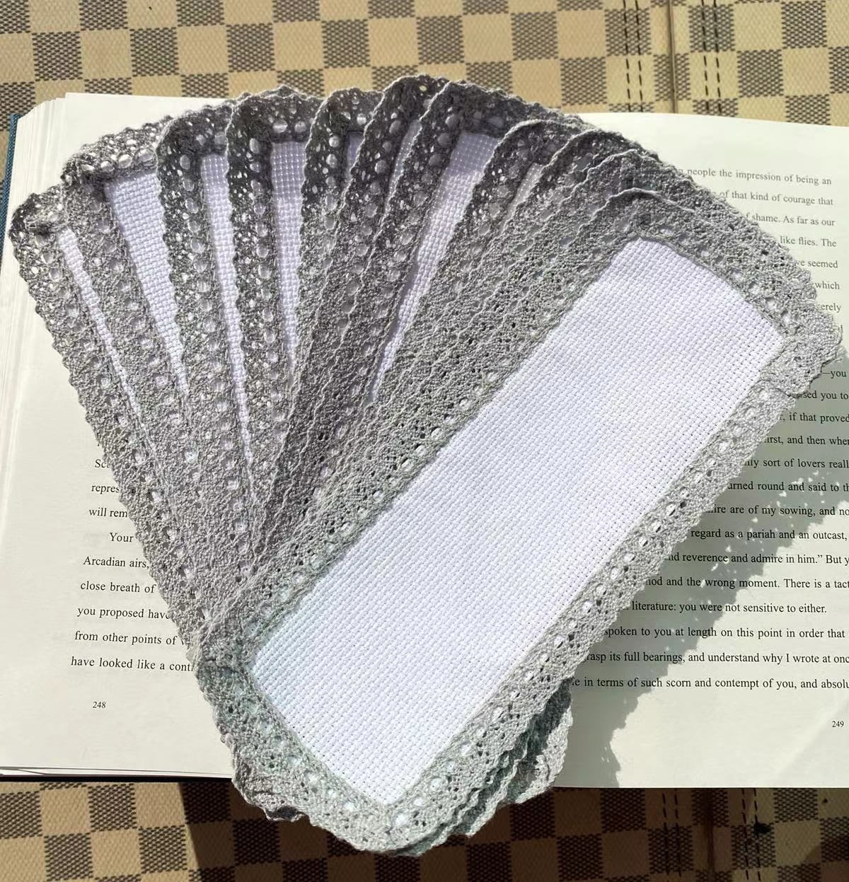 12pcs of 14ct Cotton lace Edged 30x100 aida to Cross Stitch Bookmarks ...