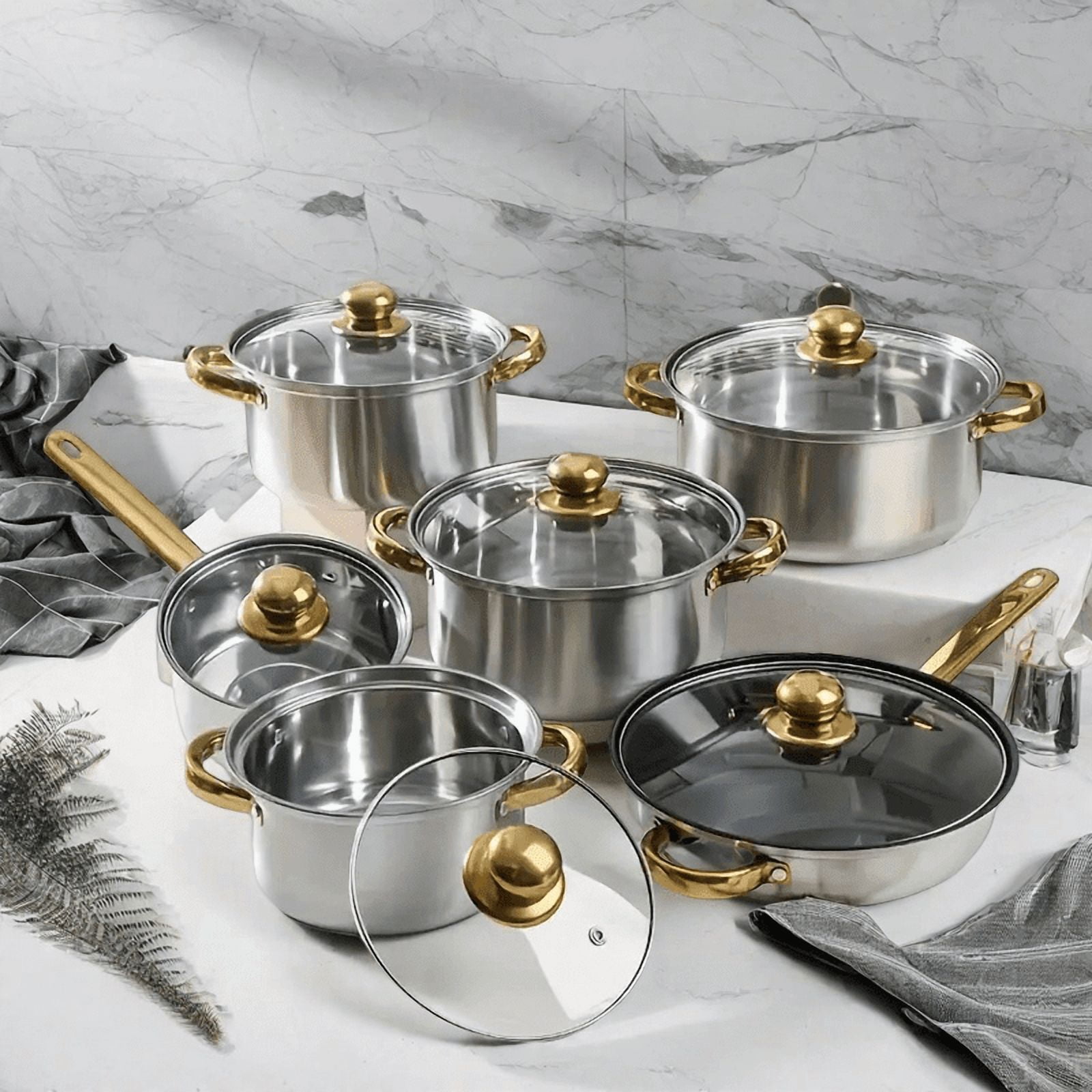 12pcs stainless steel cookware set with double handles with glass lid ...