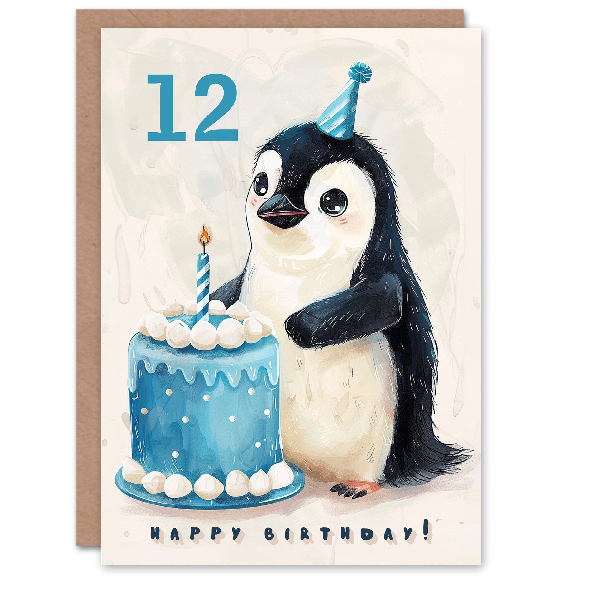 12th Birthday Card Cute Baby Penguin Cake Cartoon Kids Age 12 Year Old ...