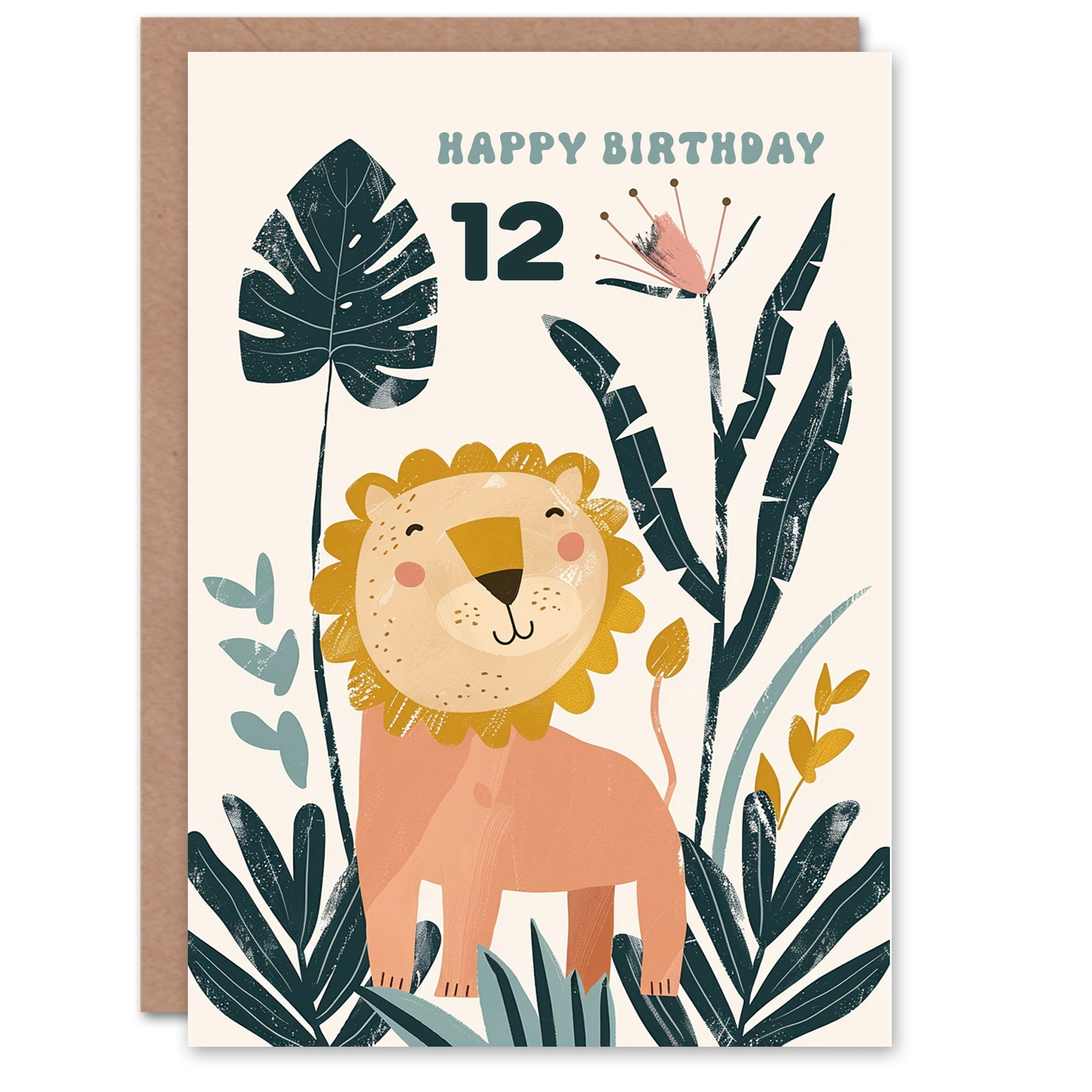 12th Birthday Card Cute Happy Lion Jungle Flowers Kids Age 12 Year Old ...