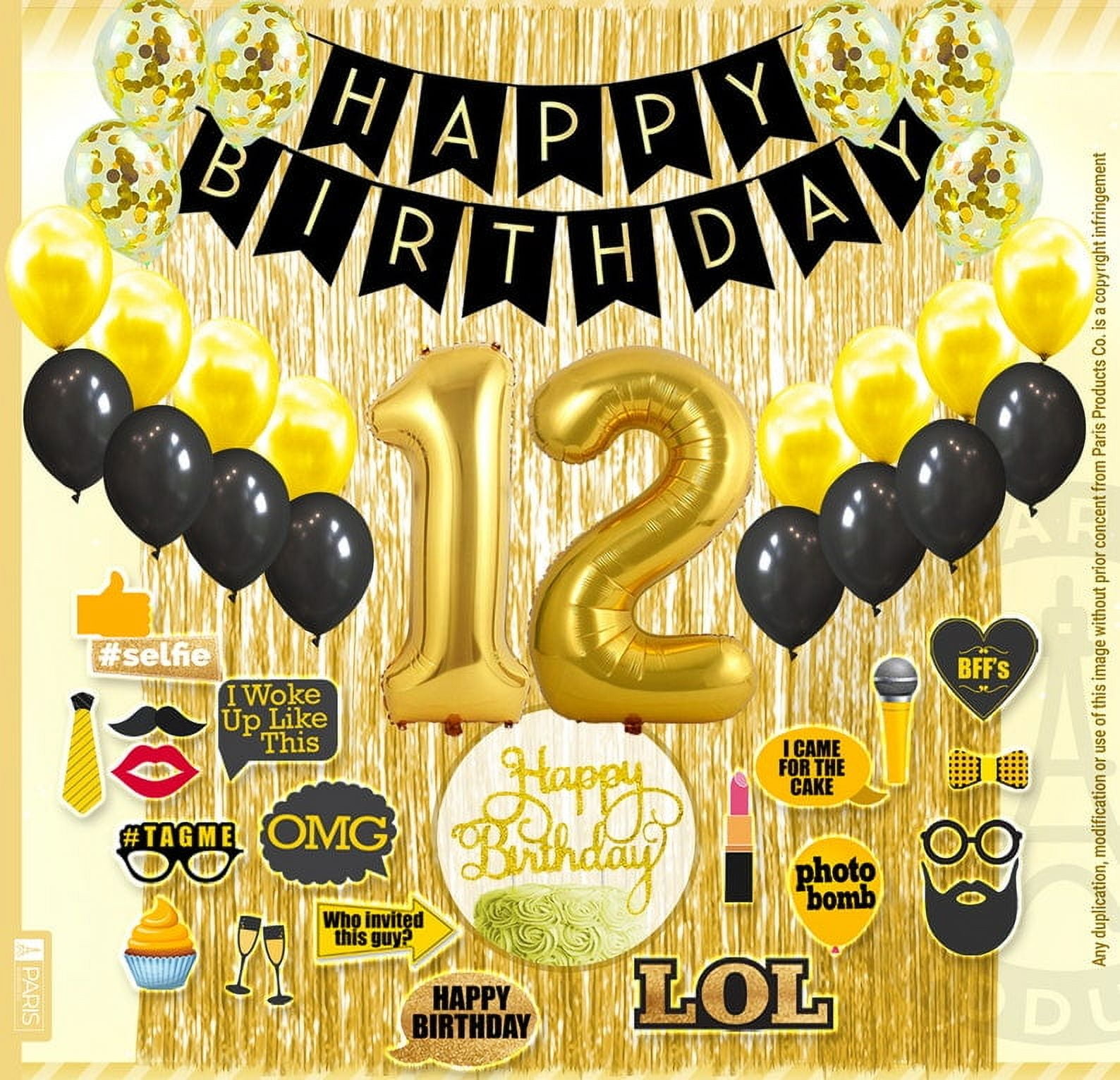 12th Birthday Decoration Black and Gold for Boy & Girl, 12th Cake ...