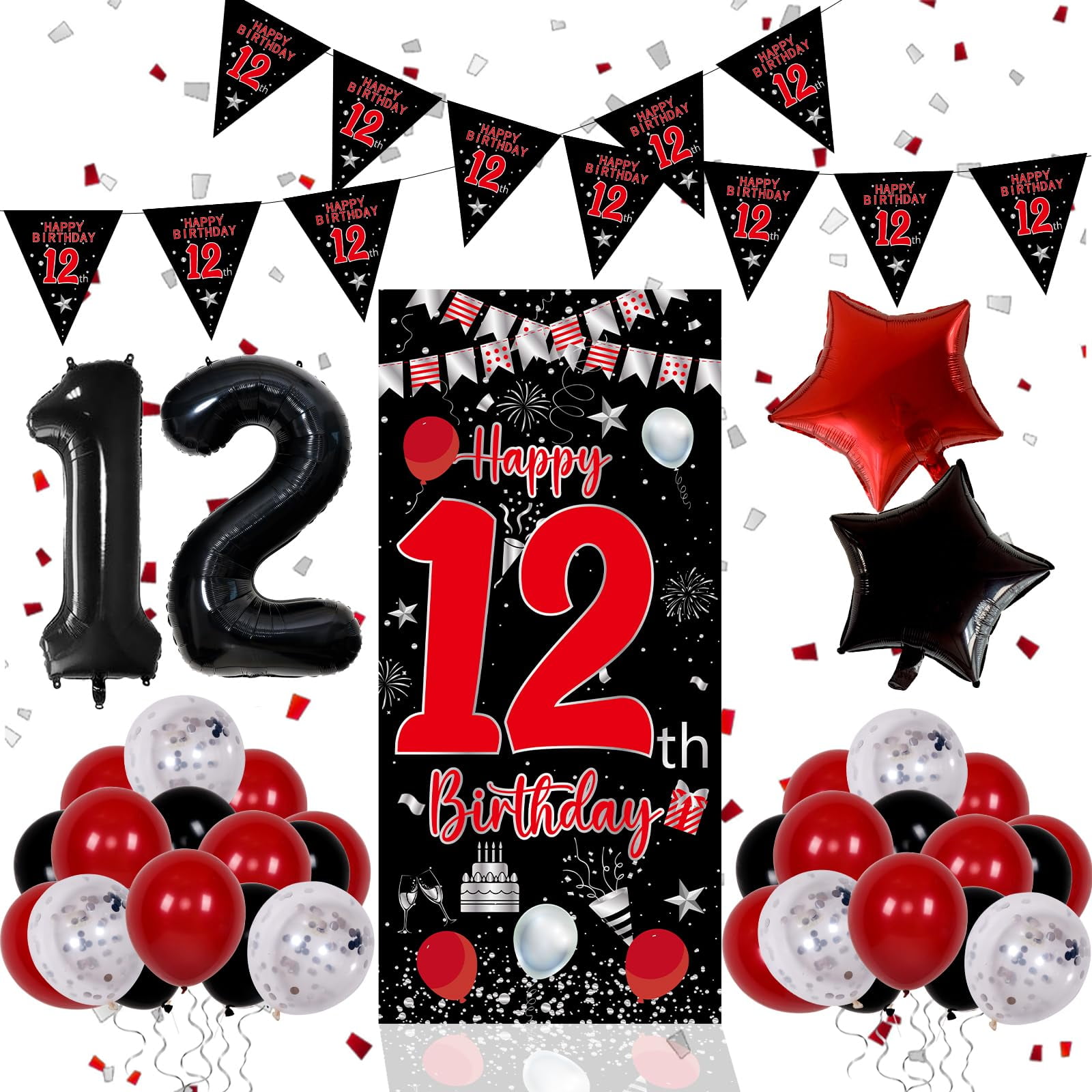 12th Birthday Decorations for Boys Girls, AFN1Red Black 12th Birthday ...