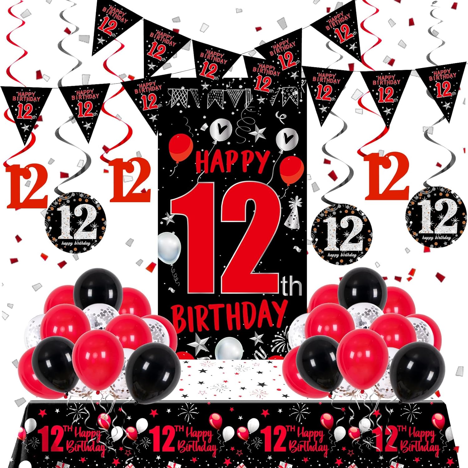 12th Birthday Decorations for Boys Girls, Red Black Happy 12th Birthday ...